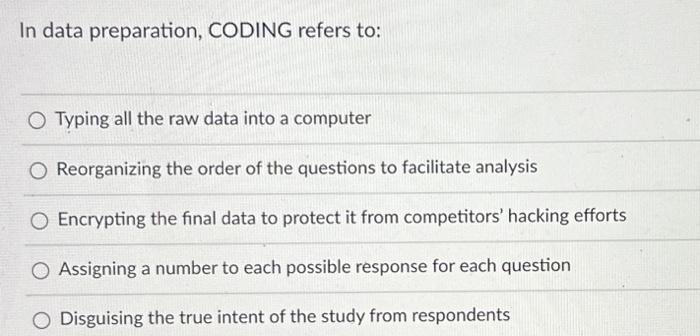 Solved In data preparation, CODING refers to: Typing all the | Chegg.com