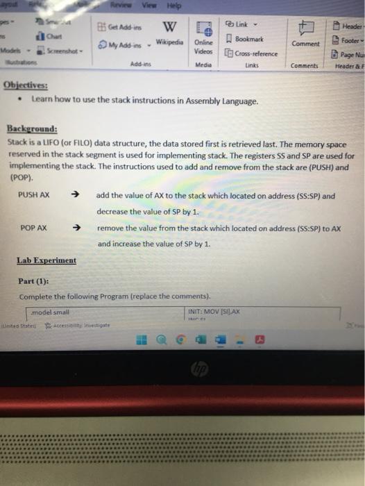 Ohjectives: - Learn how to use the stack instructions | Chegg.com