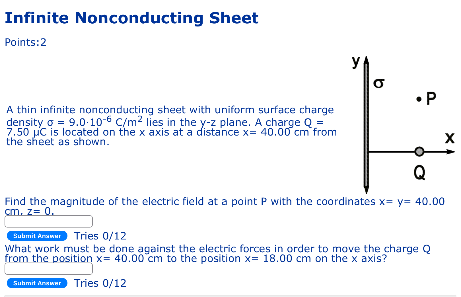 Solved Infinite Nonconducting SheetPoints:2A thin infinite | Chegg.com