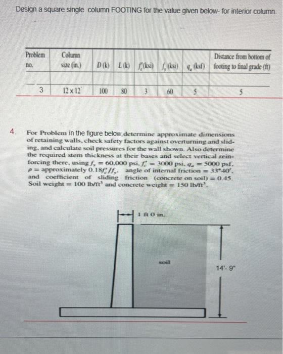 Solved Design a square single column FOOTING for the value | Chegg.com