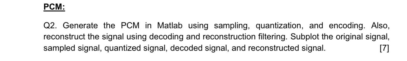 PCM:Q2. Generate the PCM in Matlab using sampling, | Chegg.com PCM:Q2. Generate the PCM in Matlab using sampling, | Chegg.com