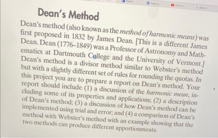 Dean's Method Dean's method (also known as the method | Chegg.com