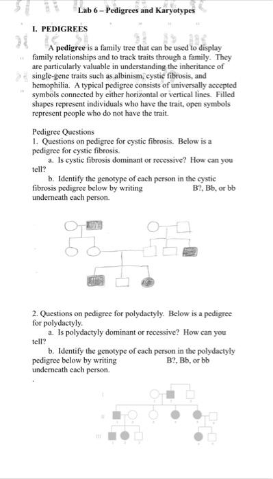 Solved { Lab 6 - Pedigrees and Karyotypes I. PEDIGREES A | Chegg.com