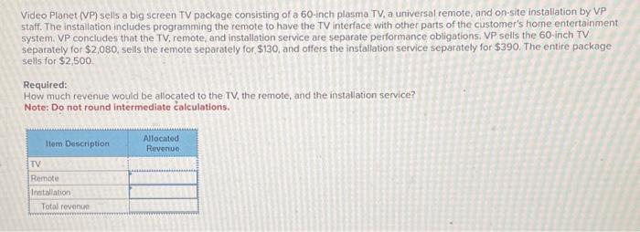 Solved Video Planet (VP) sells a big screen TV package | Chegg.com