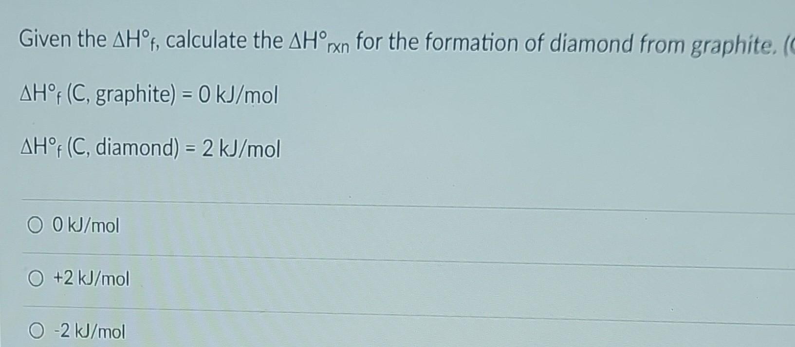 Solved ΔH∘f(C, graphite )=0 kJ/mol ΔH∘f(C, diamond )=2 | Chegg.com