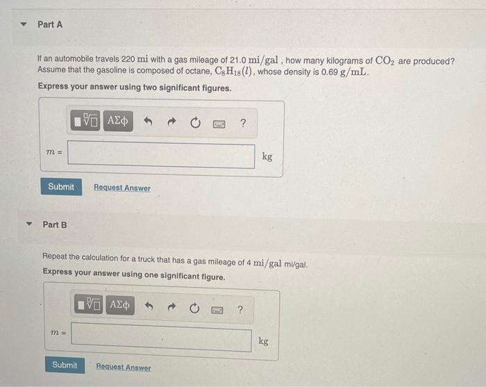 Solved Part A If an automobile travels 220 mi with a gas | Chegg.com