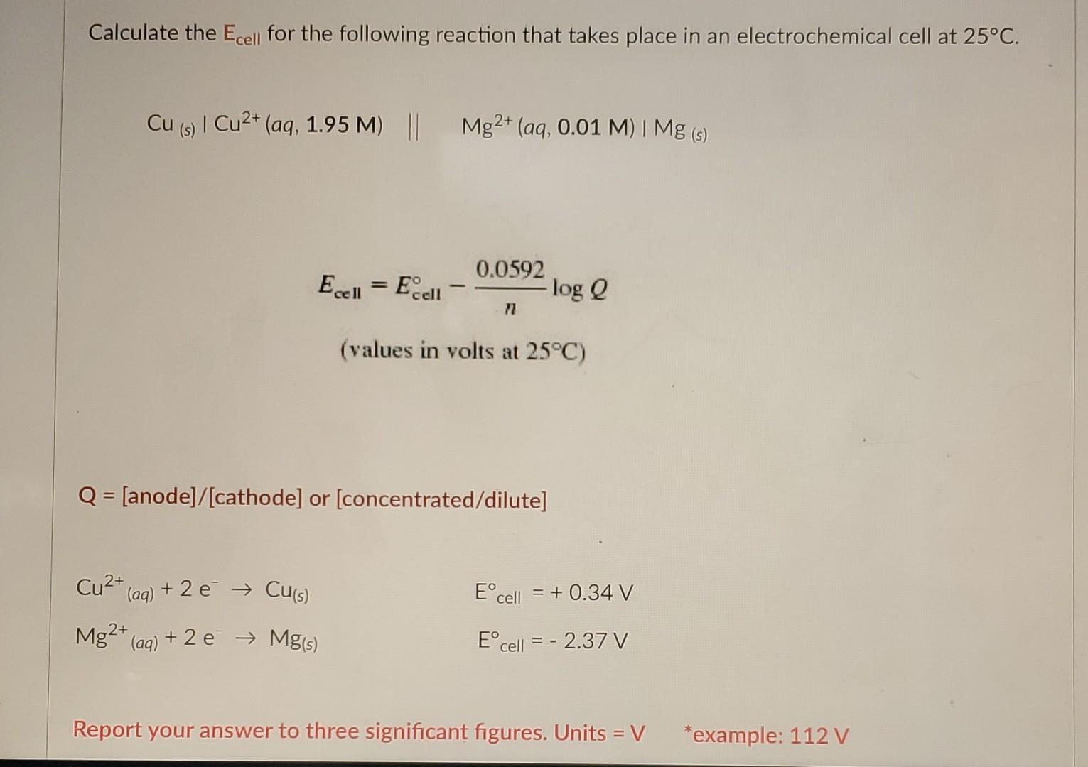 Calculate The E Cell For The Following Reaction 2fe3 At Danyelle Welch