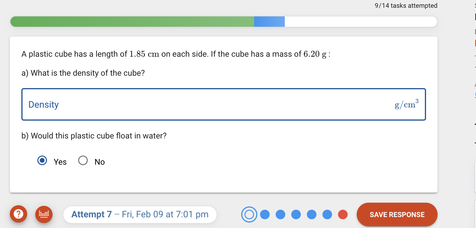 Solved A plastic cube has a length of 1.85cm ﻿on each side. | Chegg.com