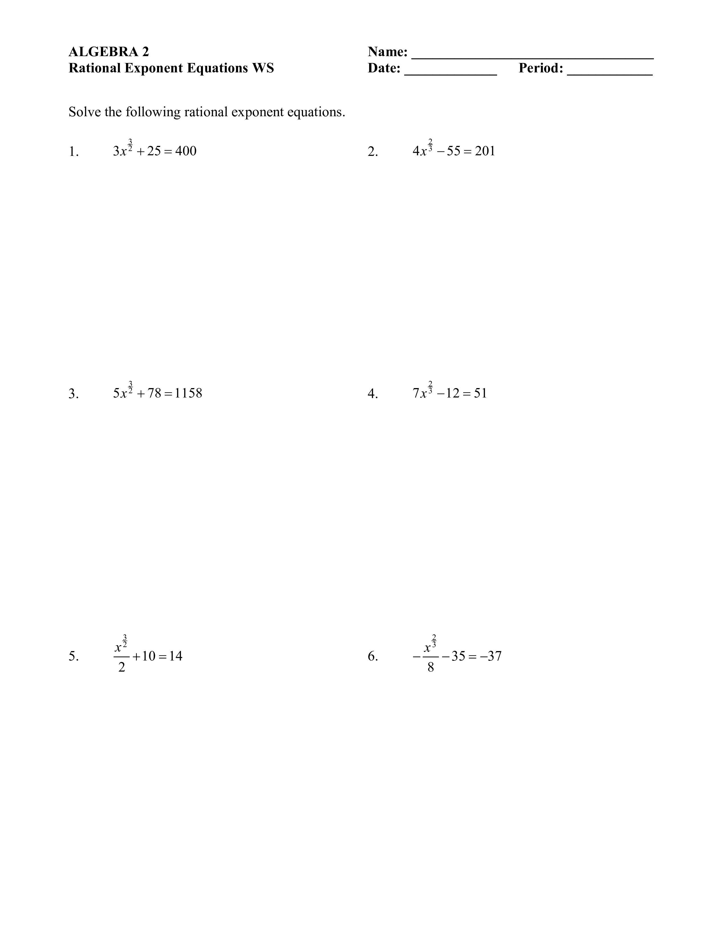 Solved ALGEBRA 2Rational Exponent Equations | Chegg.com