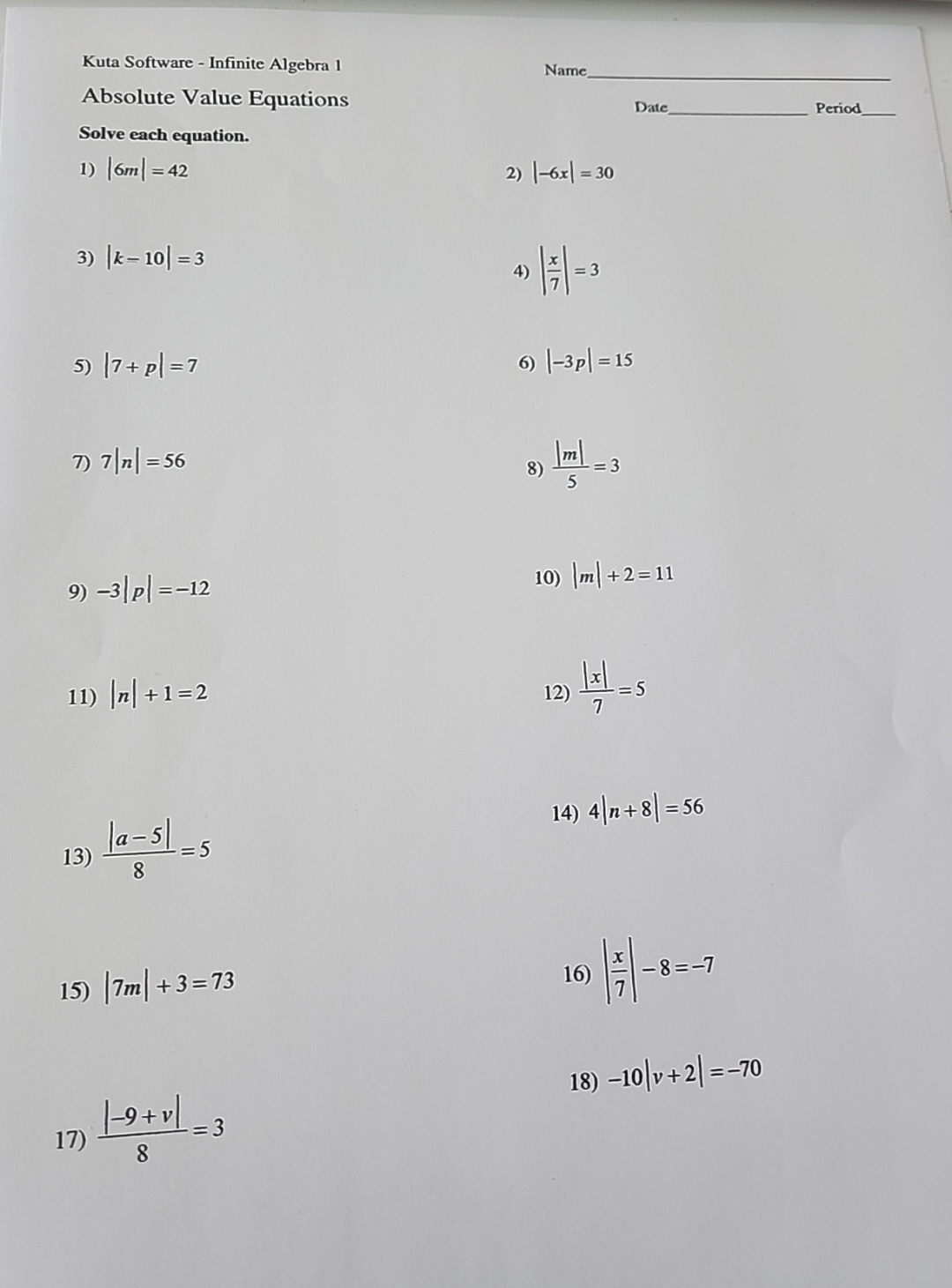 Absolute Value EquationsNameDatPeriodSolve each | Chegg.com