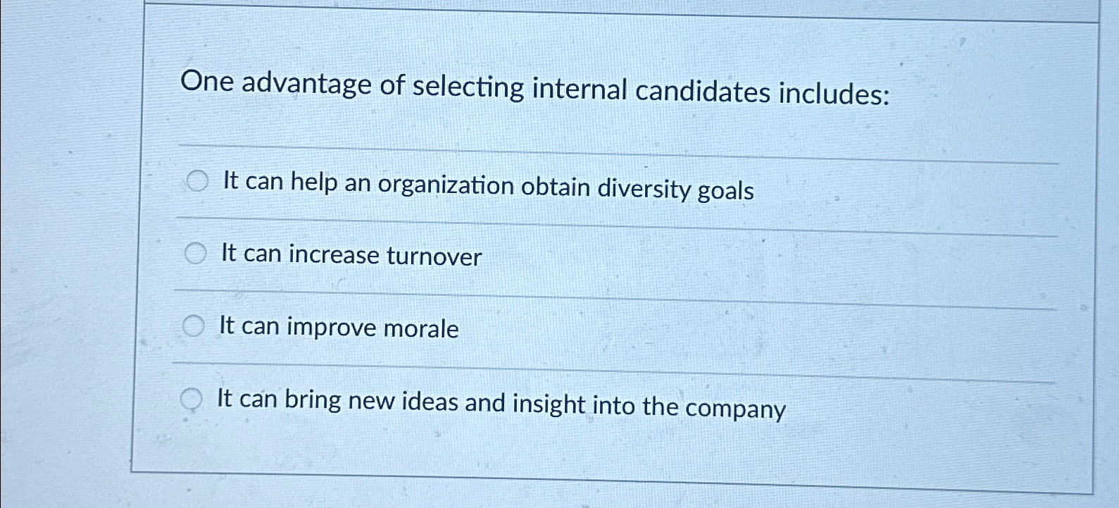 Solved One advantage of selecting internal candidates | Chegg.com