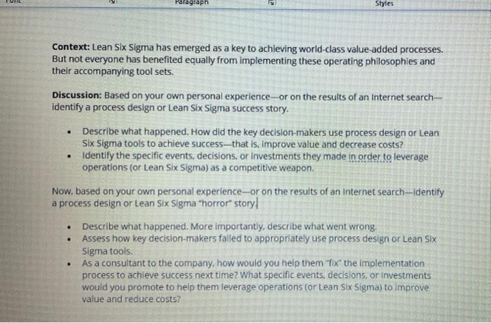 Solved Paragraph Styles Context: Lean Six Sigma has emerged | Chegg.com