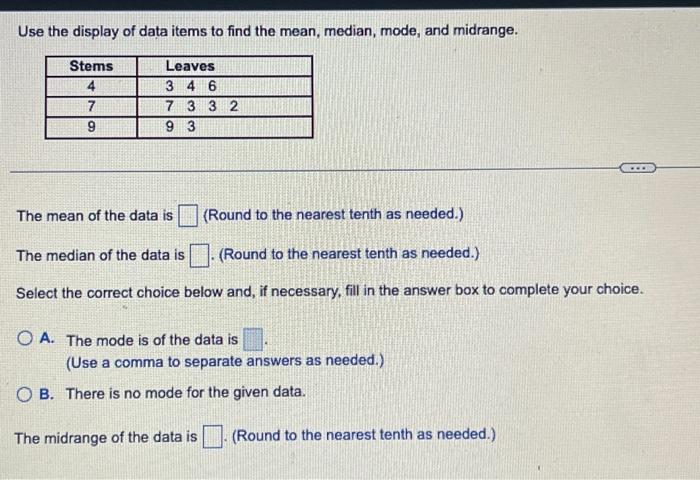 Solved Use the display of data items to find the mean, | Chegg.com