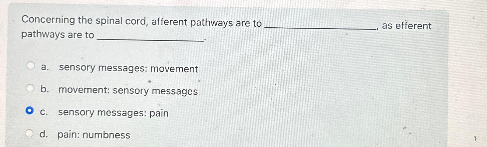 Solved Concerning the spinal cord, afferent pathways are to | Chegg.com