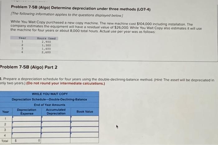 Solved Problem 7-5B (Algo) Determine depreciation under | Chegg.com