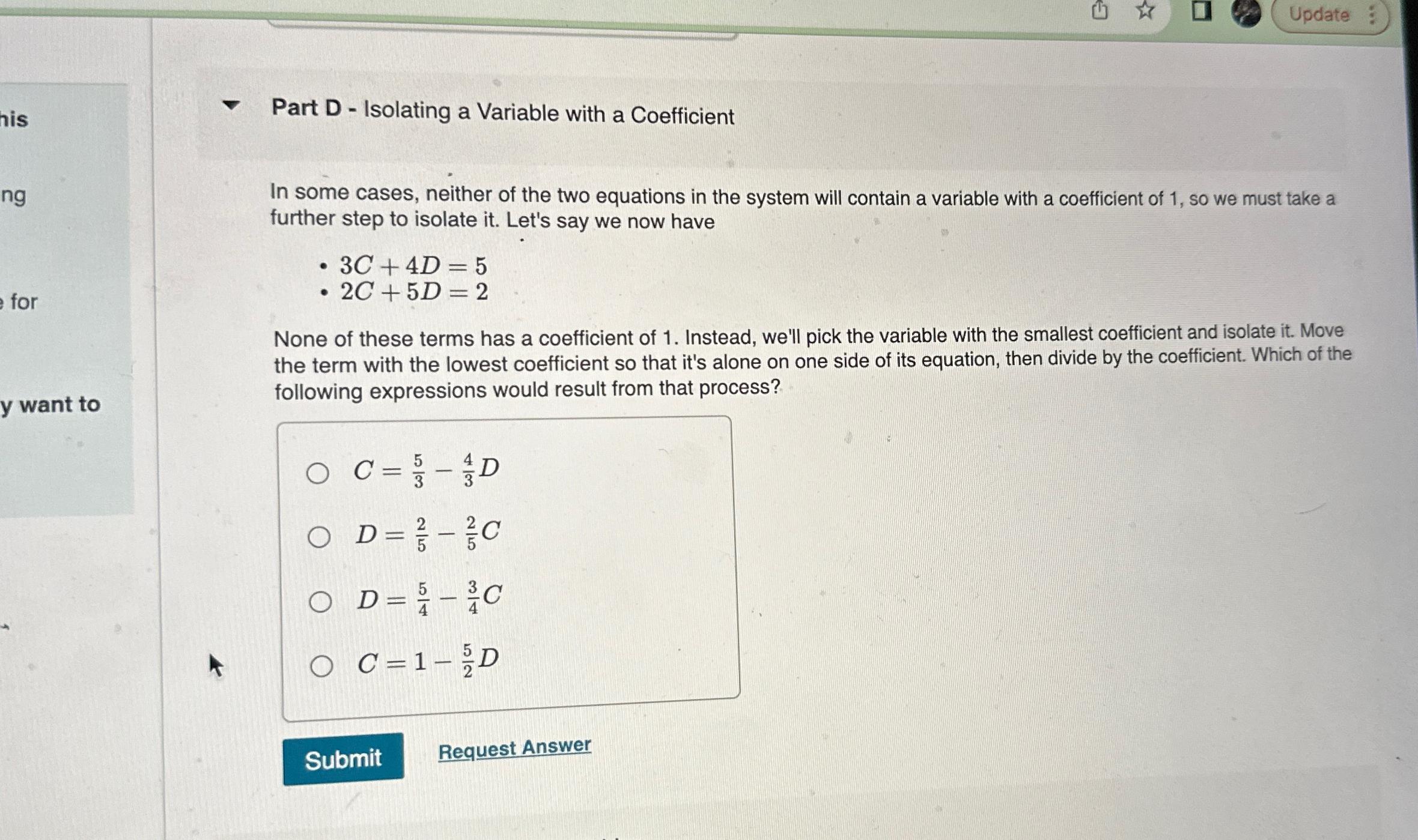Solved Part D - ﻿Isolating a Variable with a CoefficientIn | Chegg.com