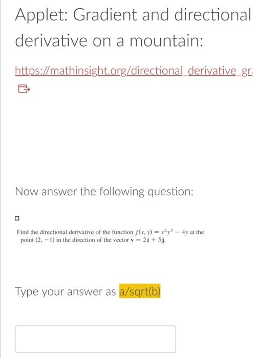 Solved Applet: Gradient and directional derivative on a | Chegg.com