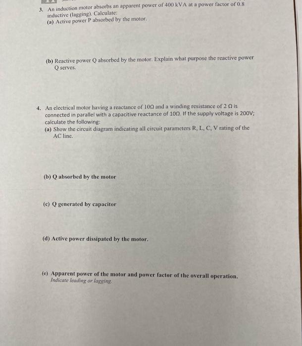Solved (b) Reactive power Q absorbed by the motor. Explain | Chegg.com