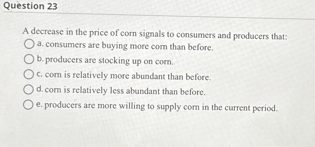 Solved Question 23A decrease in the price of corn signals to | Chegg.com