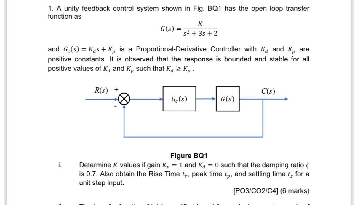 Solved A unity feedback control system shown in Fig. BQ1 | Chegg.com