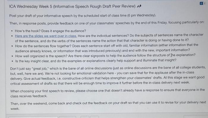 ICA Wednesday Week 5 (Informative Speech Rough Draft | Chegg.com