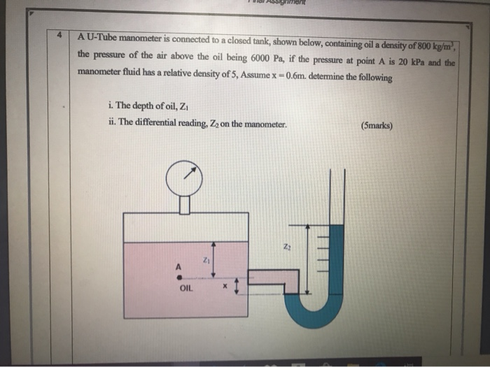 Solved 4 A U-Tube manometer is connected to a closed tank, | Chegg.com