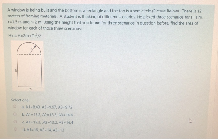 Solved A window is being built and the bottom is a rectangle | Chegg.com