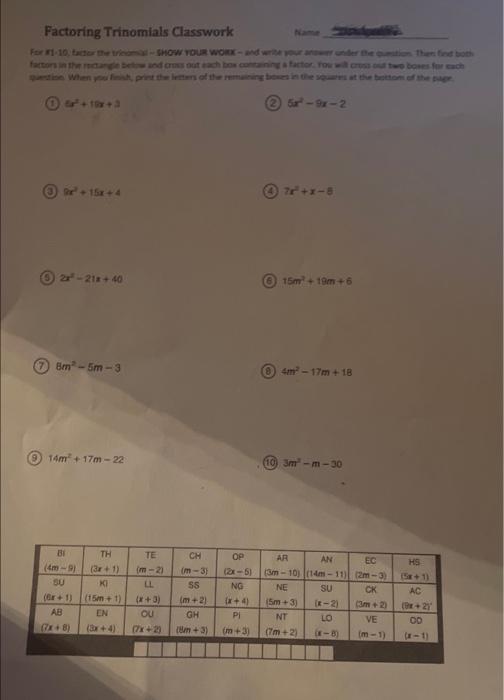 Solved Factoring Trinomials Classwork For 1-10, factor the | Chegg.com