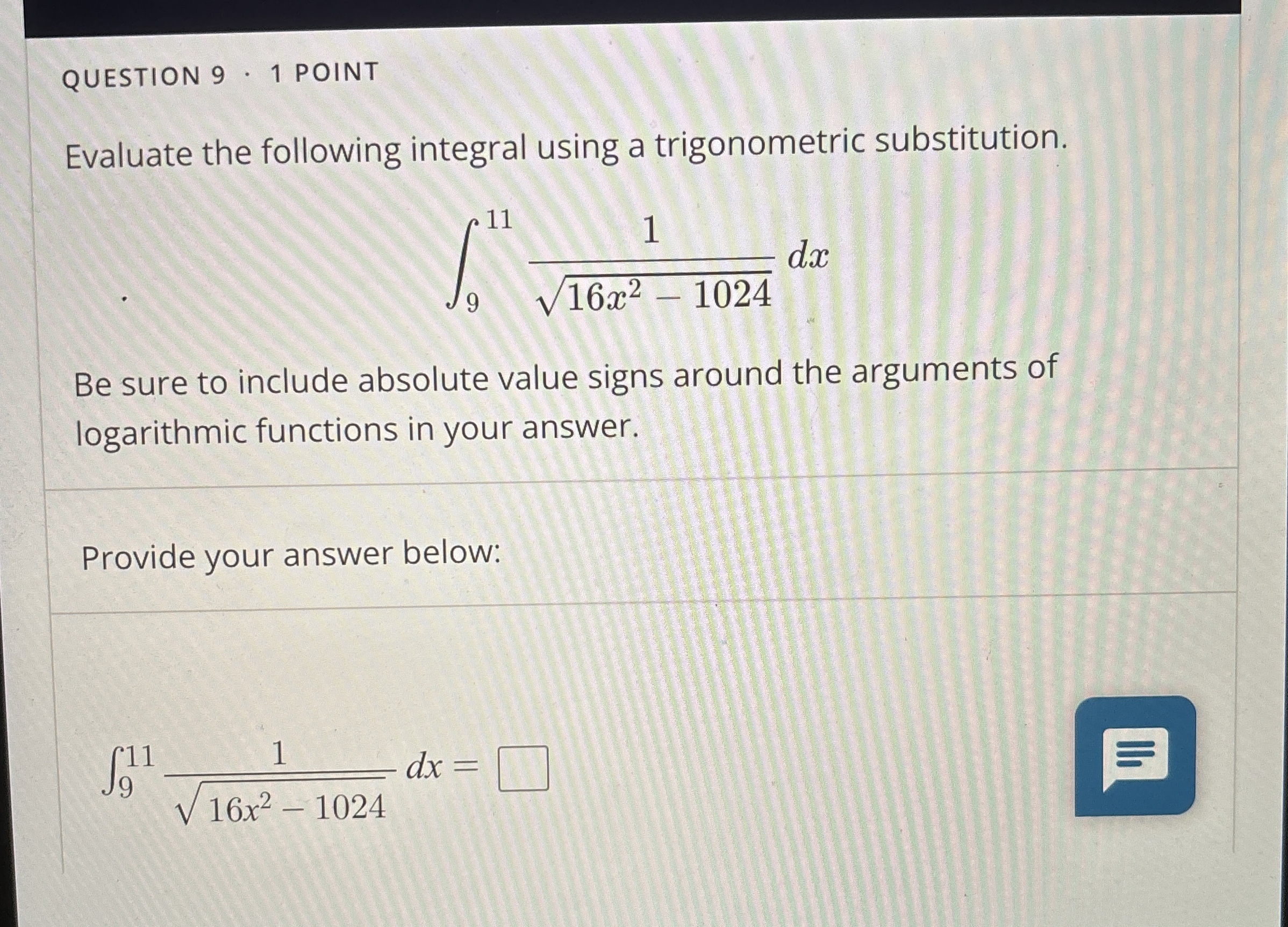 Solved QUESTION 9 - 1 ﻿POINTEvaluate the following integral | Chegg.com