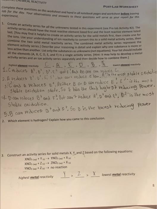 Solved REACTIVITY POST-LAB WORKSHEET Complete these | Chegg.com