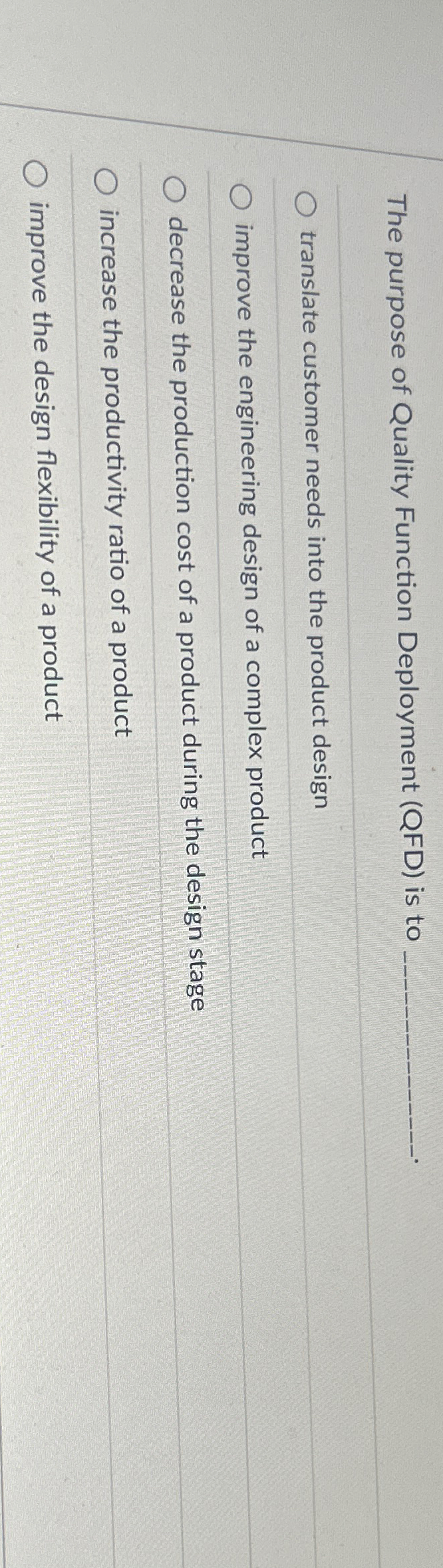Solved The purpose of Quality Function Deployment (QFD) ﻿is | Chegg.com
