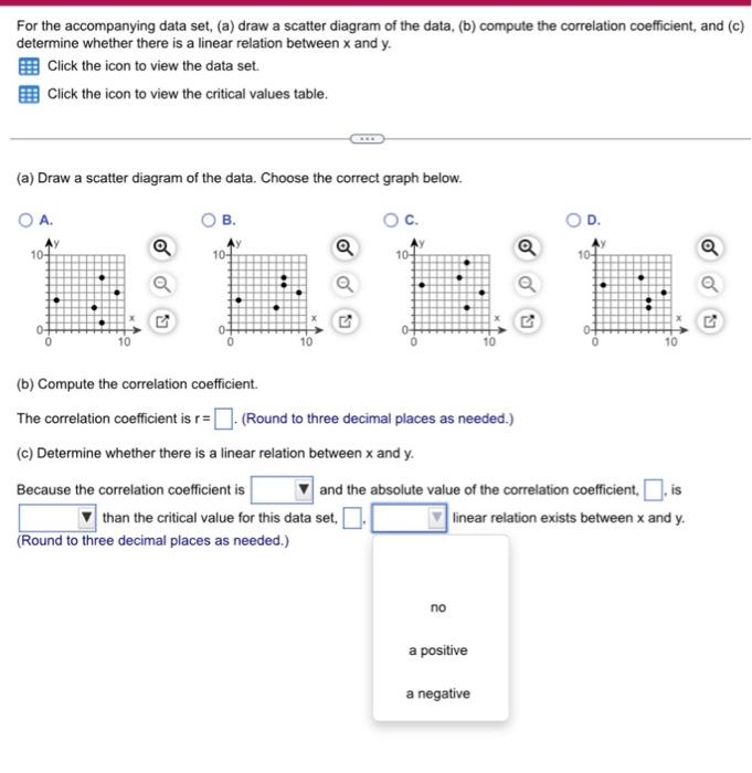 Solved For the accompanying data set, (a) draw a scatter | Chegg.com