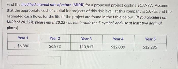 Solved Find the modified internal rate of return (MIRR) for | Chegg.com