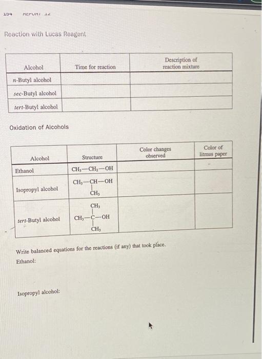 Solved Properties and Reactions of the Alcohols Solubility | Chegg.com