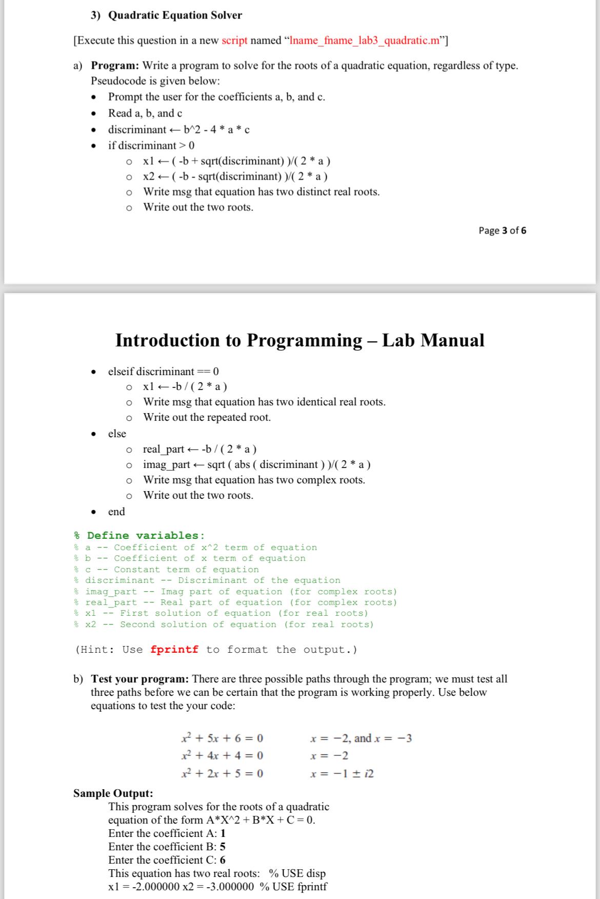 Solved Quadratic Equation Solver[Execute this question in a | Chegg.com