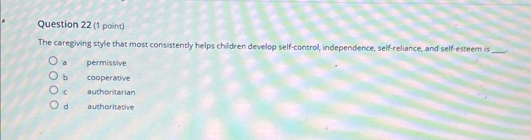 Solved Question 22 (1 ﻿point)The caregiving style that most | Chegg.com
