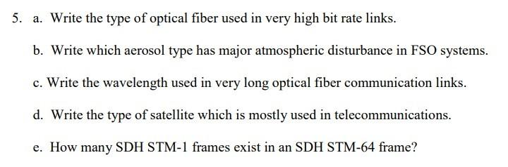 Solved 5. a. Write the type of optical fiber used in very | Chegg.com