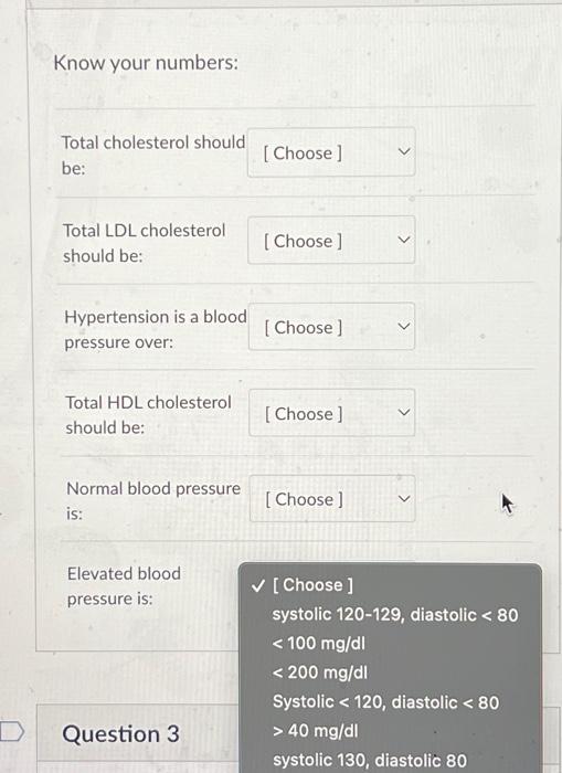Solved Know your numbers: Total cholesterol should be: Total | Chegg.com