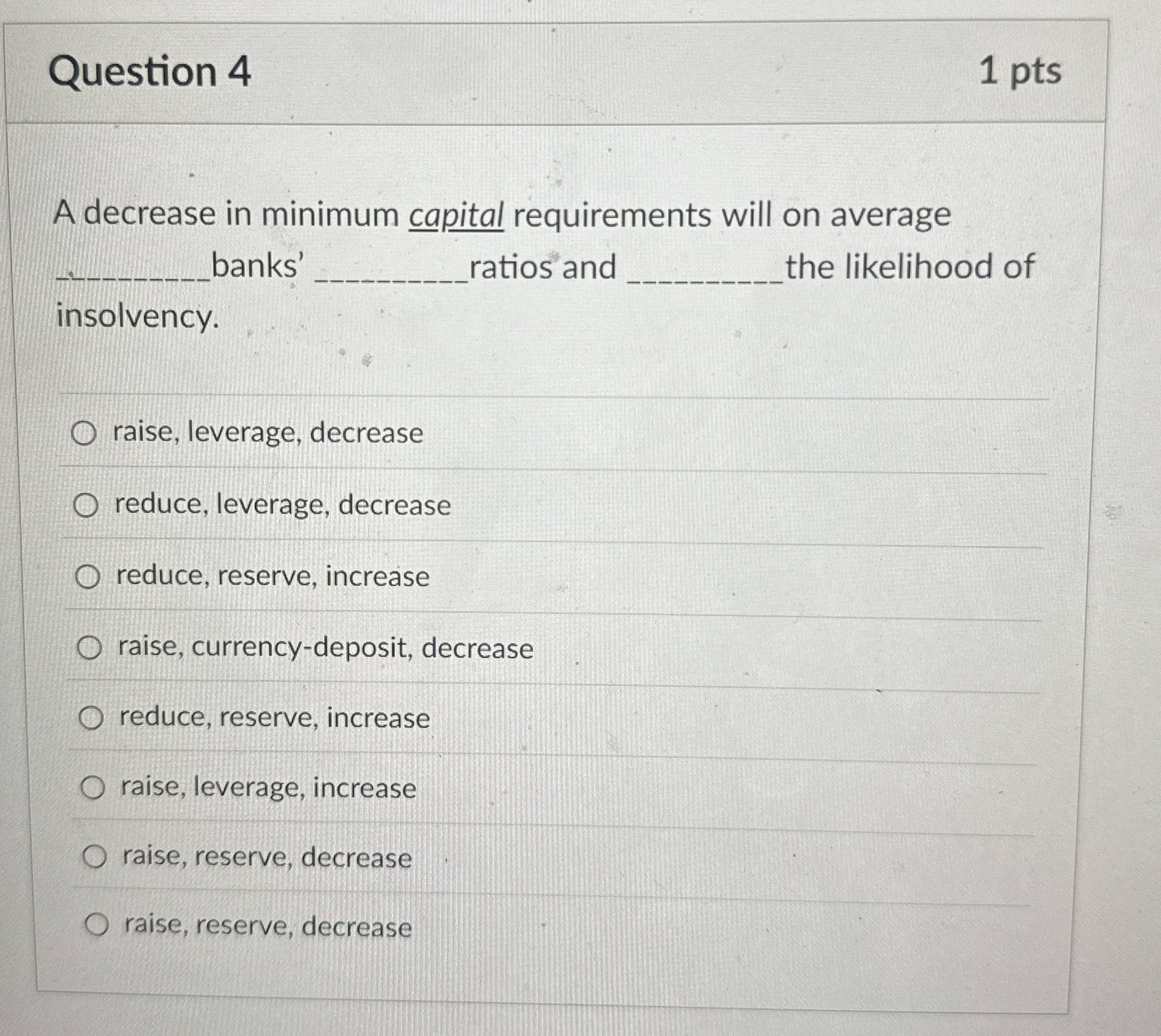 Solved Question 4A decrease in minimum capital requirements | Chegg.com