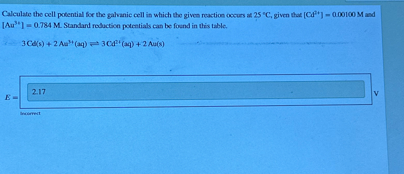 Solved Calculate The Cell Potential For The Galvanic Cell In