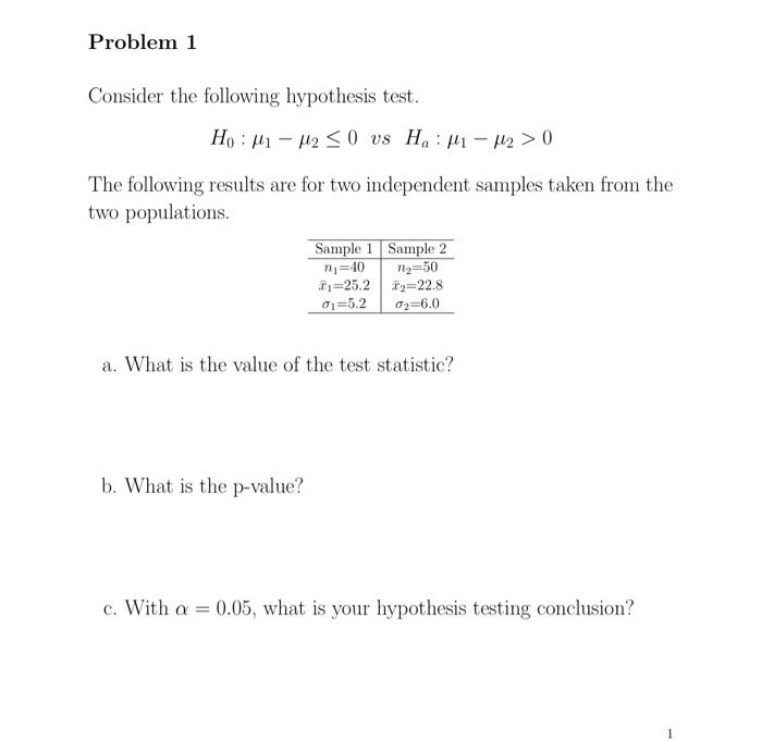 Solved Problem 1 Consider The Following Hypothesis Test 