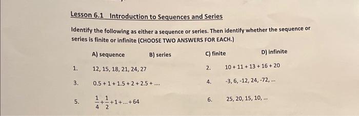 Solved Lesson 6.1 Introduction to Sequences and Series | Chegg.com