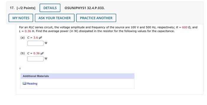 Solved For an RLC series circuit, the voltage amplitude and | Chegg.com