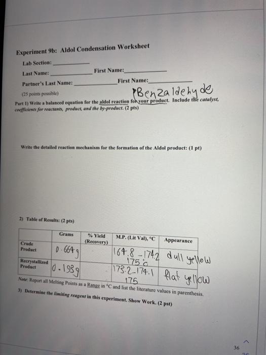 Solved Experiment 9b: Aldol Condensation Worksheet Lab | Chegg.com