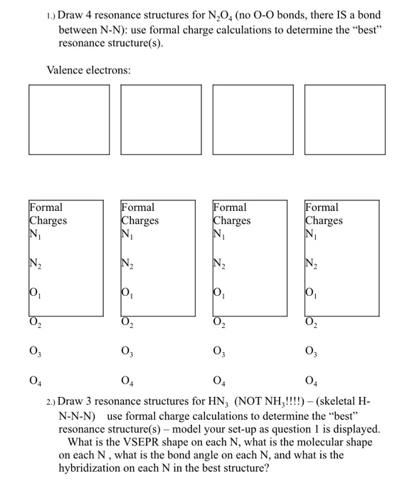 Solved 1.) Draw 4 resonance structures for N,04 (no 0-0 | Chegg.com