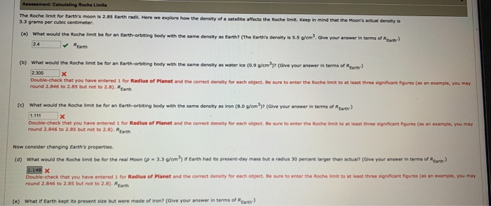 Solved Assement Calculating Roche Lite The Roche limit for | Chegg.com