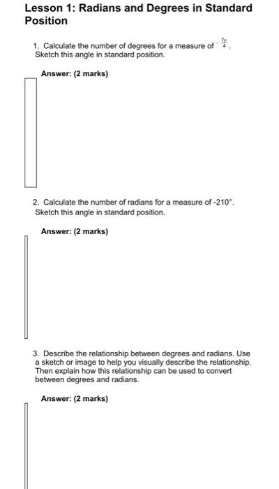 Solved Lesson 1: Radians and Degrees in Standard Position 1. | Chegg.com