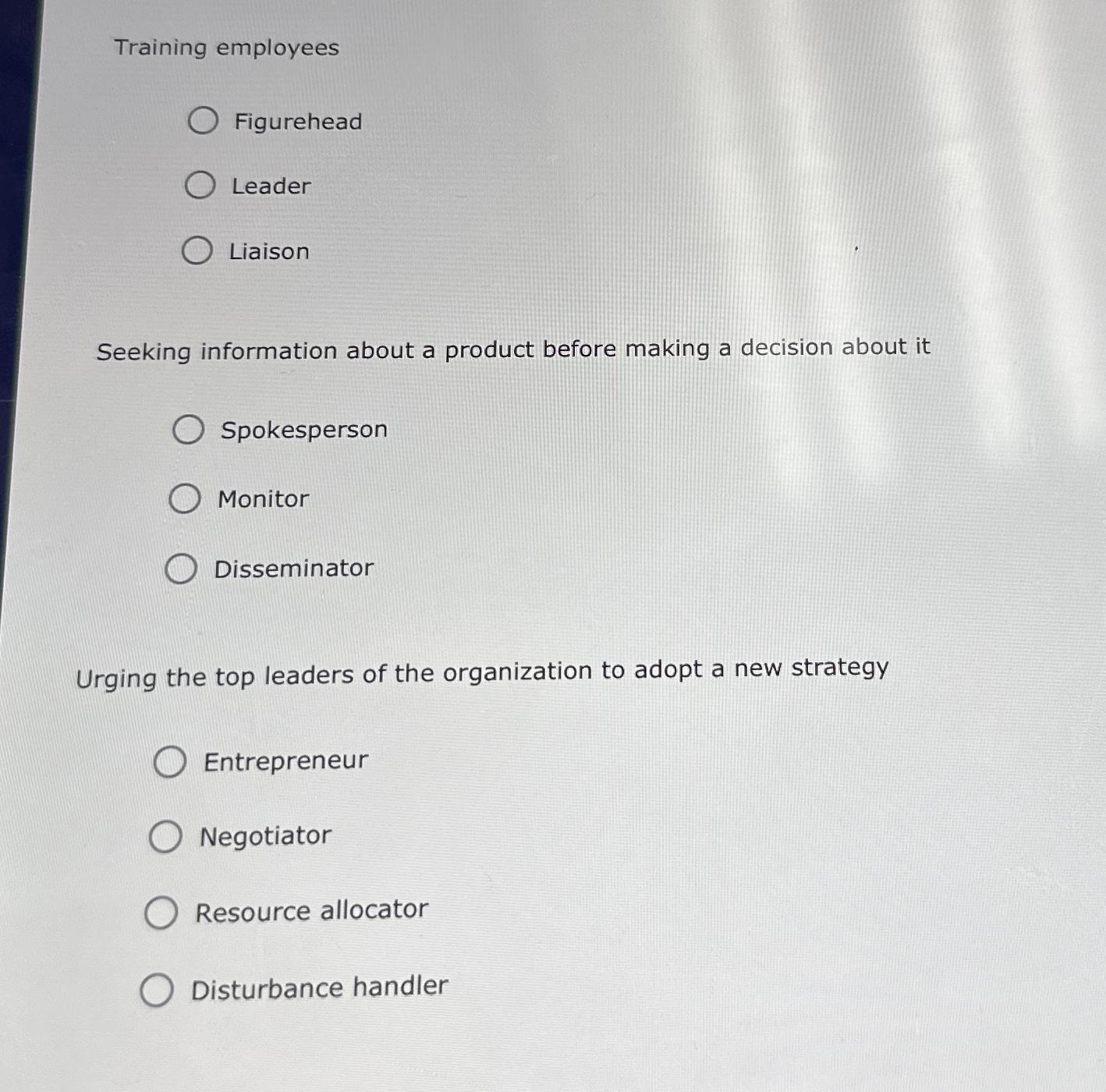 Solved Training employeesFigureheadLeaderLiaisonSeeking | Chegg.com