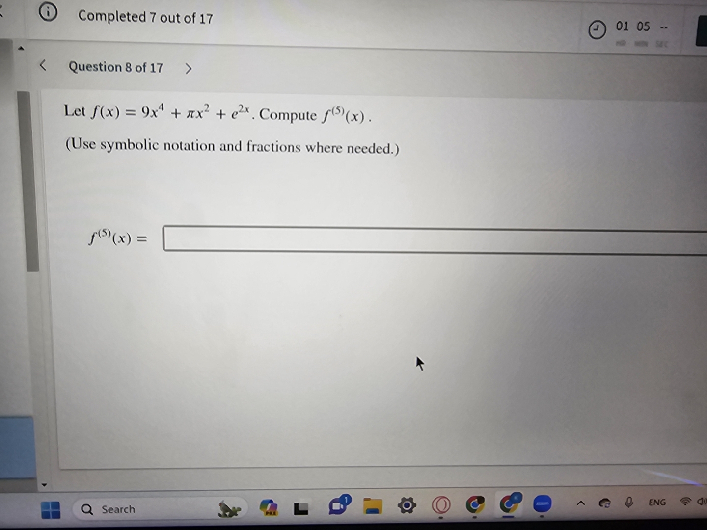 Solved let f(x)=9x4+πx2+e2x. ﻿Compute f(5)(x).(Use symbolic | Chegg.com