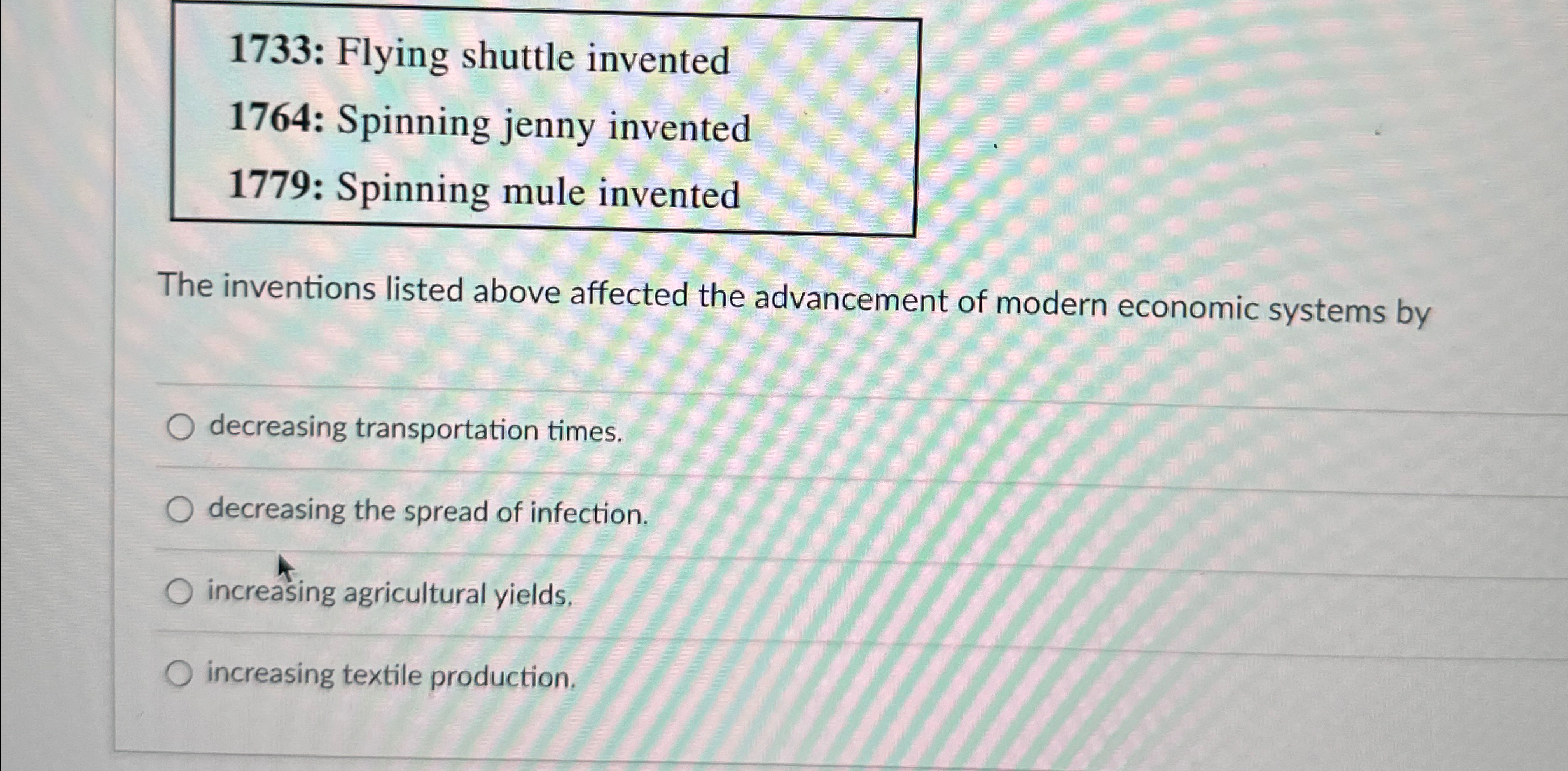 Solved 1733: Flying shuttle invented1764: Spinning jenny | Chegg.com